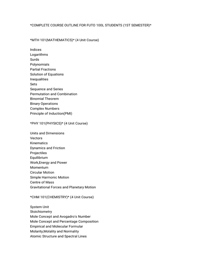 100L 1st Semester Course Outline | PDF