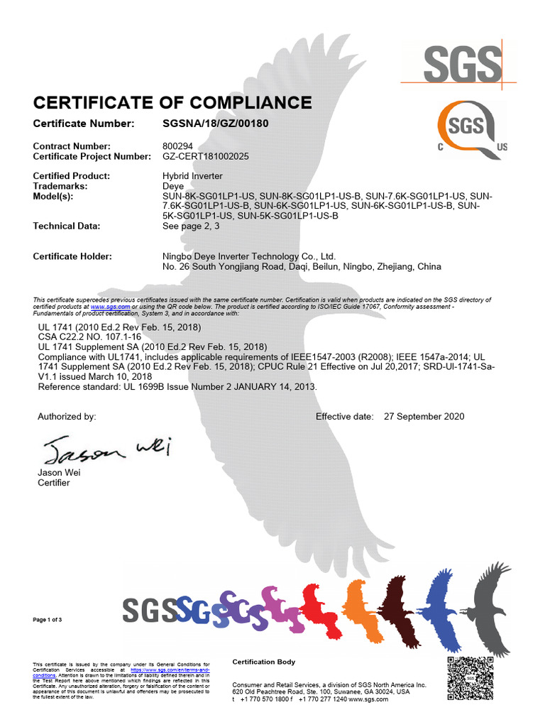 Ci - Deye - Certificate of Conformity - Ul 1741 - Sun-5-6-7.6-8k ...