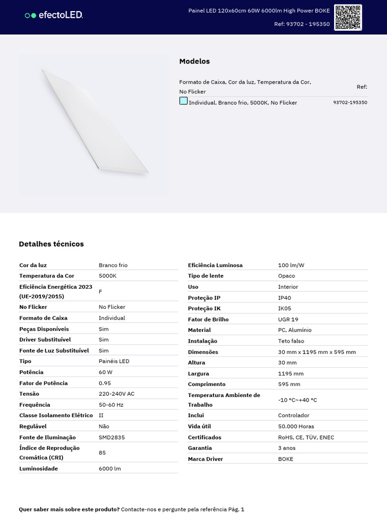 Painel LED 120x60cm 60W 6000lm High Power BOKE | PDF