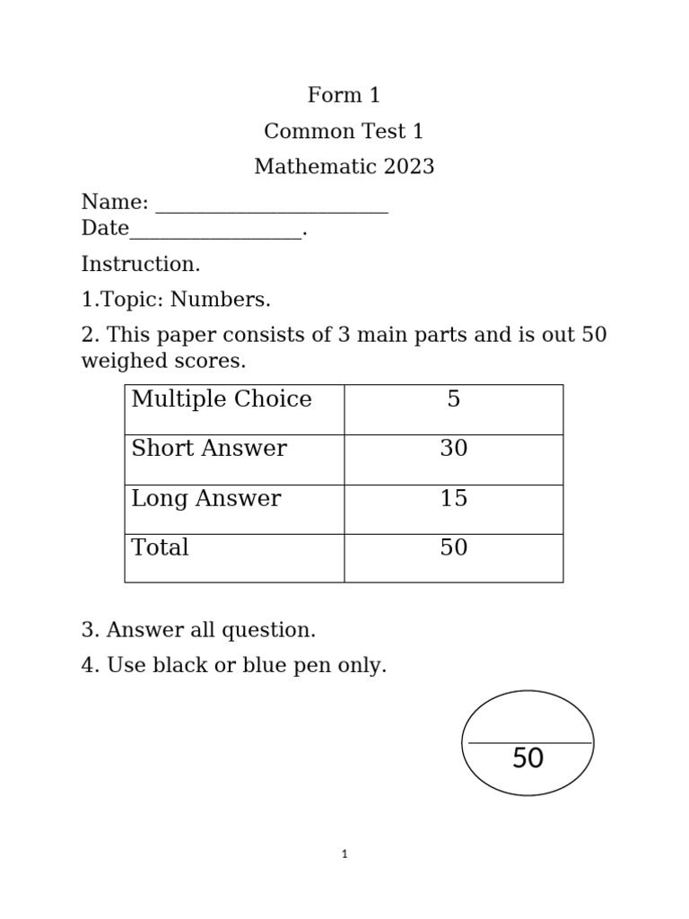 Class 7 Common Test 1 | PDF