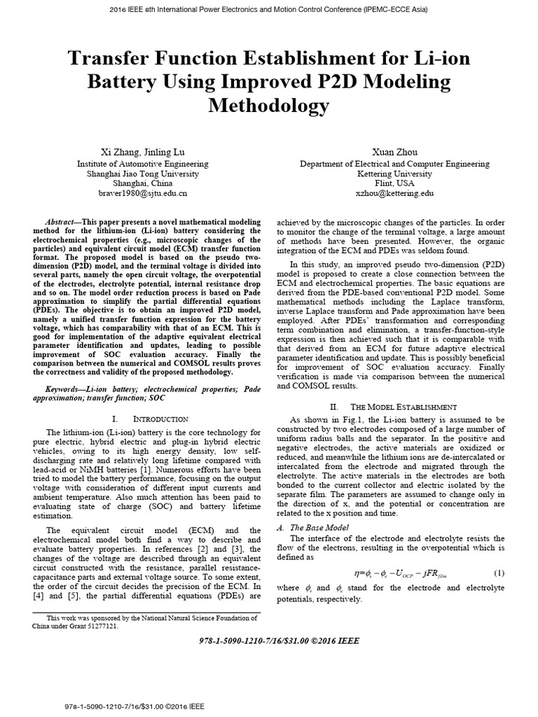 Transfer Function Establishment For Li-Ion Battery Using Improved P2D ...