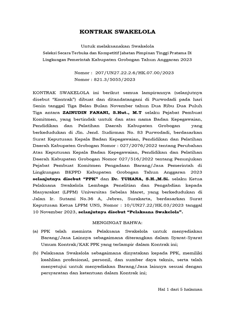 Kontrak Swakelola Selter JPTP 13-12-2023 | PDF