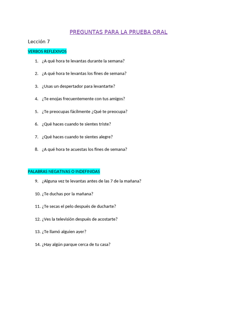 Preguntas para El Oral - Leccion7 | PDF