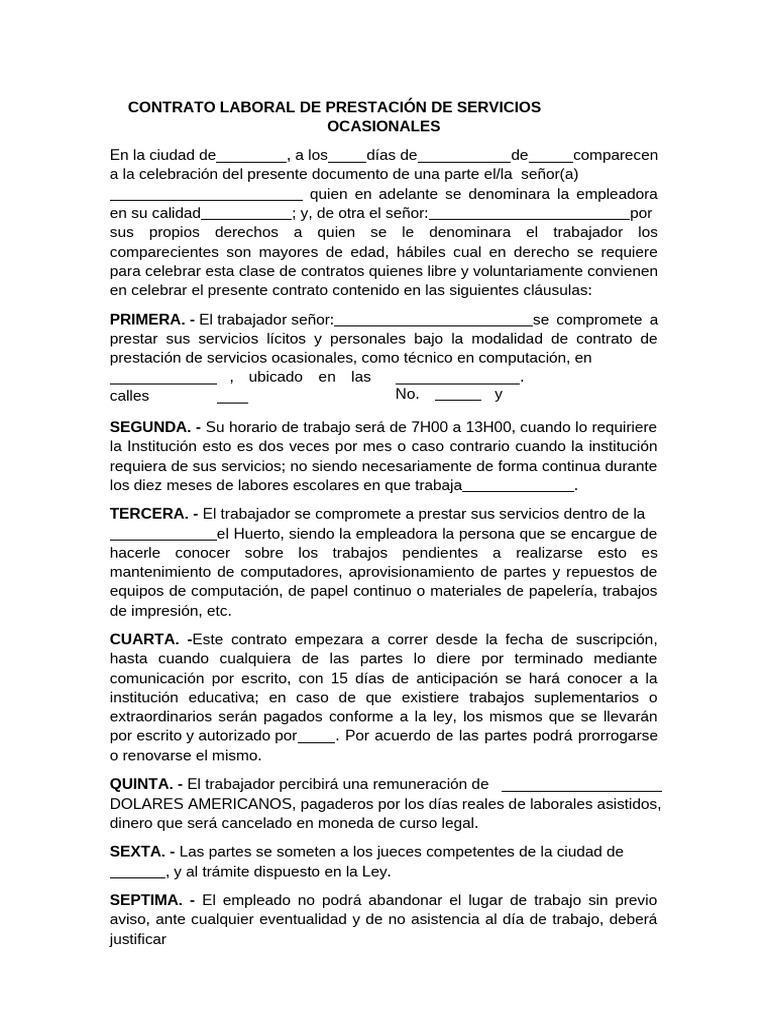 Modelo de Contrato Laboral de Prestacion de Servicios Ocasionales | PDF