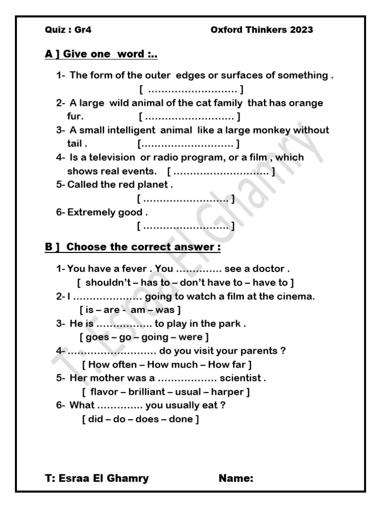 Gr4 Quiz Unit 2&3 0xford | PDF
