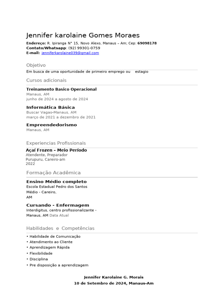 Jennifer Karolaine Gomes Moraes Curriculo | PDF