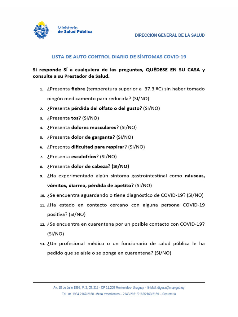 Lista Verificacion de Sintomas COVID-19 | PDF