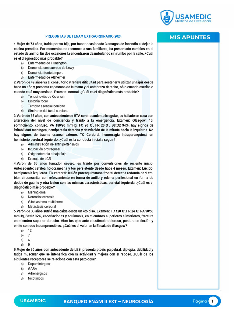 BANQUEO ENAM II EXT - NEUROLOGIA - USAMEDIC 2024 Alumno | PDF
