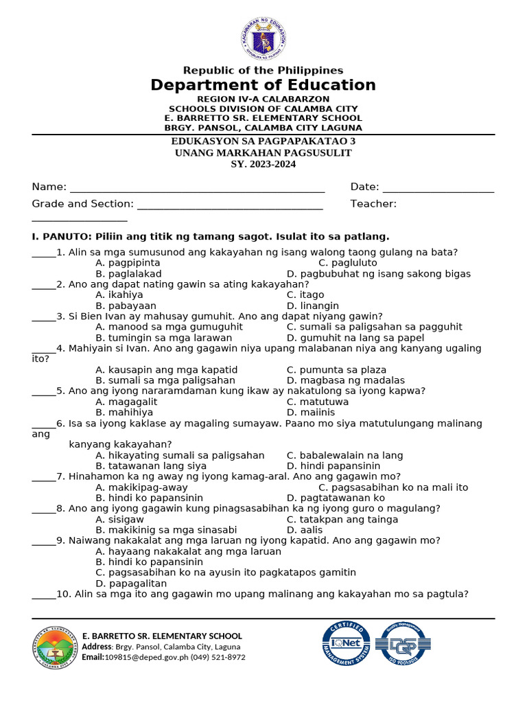 ESP 3 1st Periodical Test With TOS | PDF