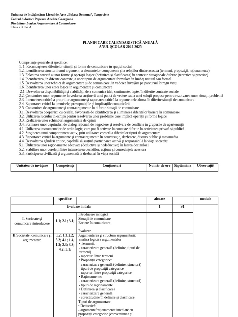 Planificare Pe Module Logica Argumentare Si Comunicare | PDF