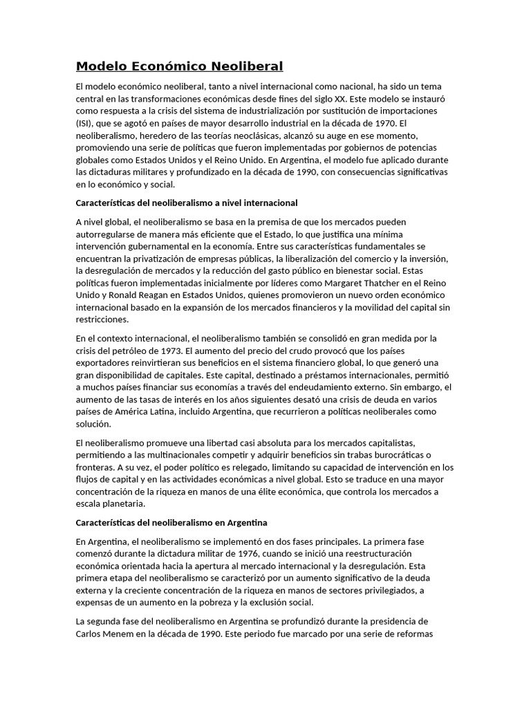 Informe Del Modelo Economico Neoliberal | PDF