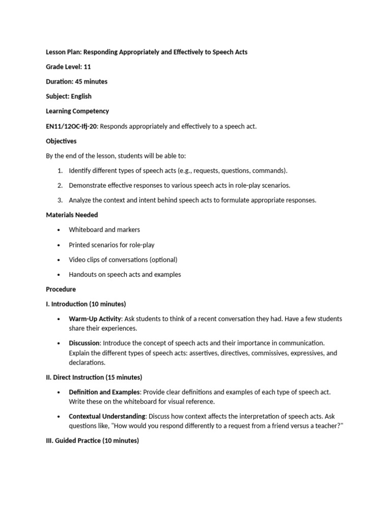 Lesson Plan (Speech Acts) | PDF