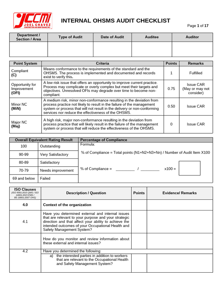 Internal OHSMS Audit Checklist (JCCMI) | PDF