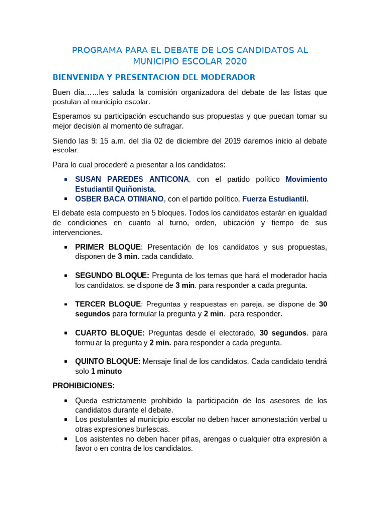 Programa para El Debate de Los Candidatos Al Municipio Escolar 2020 | PDF