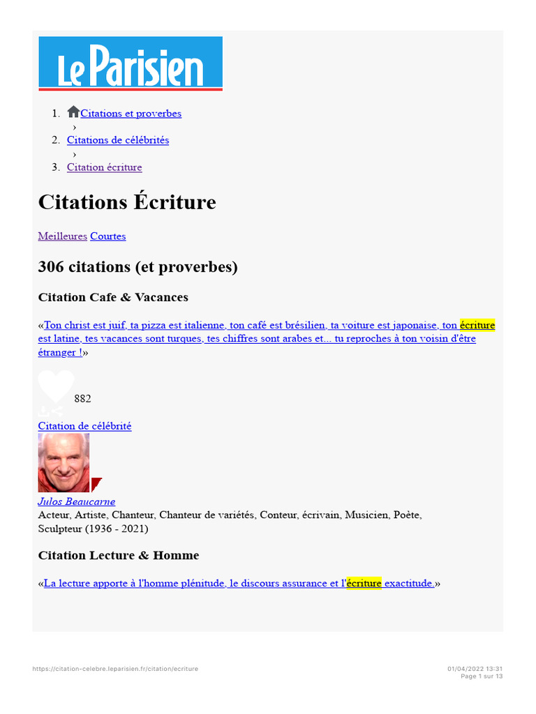 Citations Inspirantes sur l'Écriture | PDF | Écriture