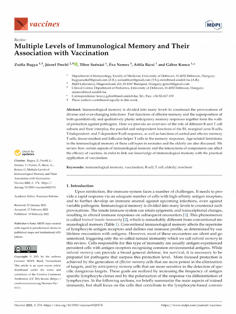Multiple Levels of Immunological Memory and Their Association With Vaccination | PDF