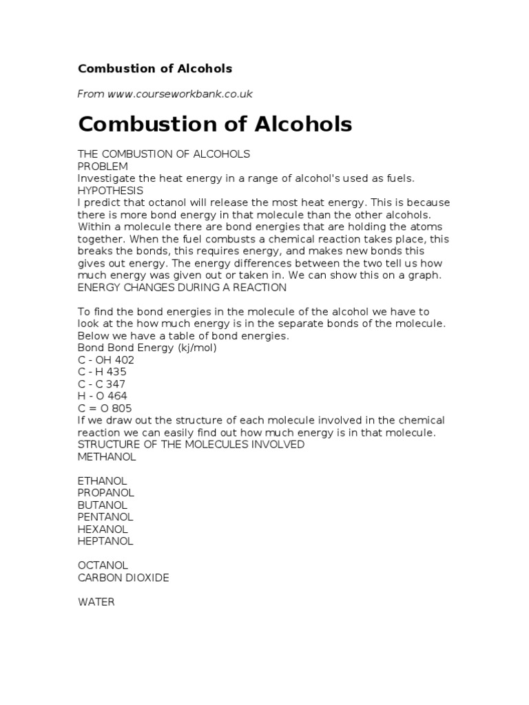 Combustion of Alcohols | Combustion | Alcohol