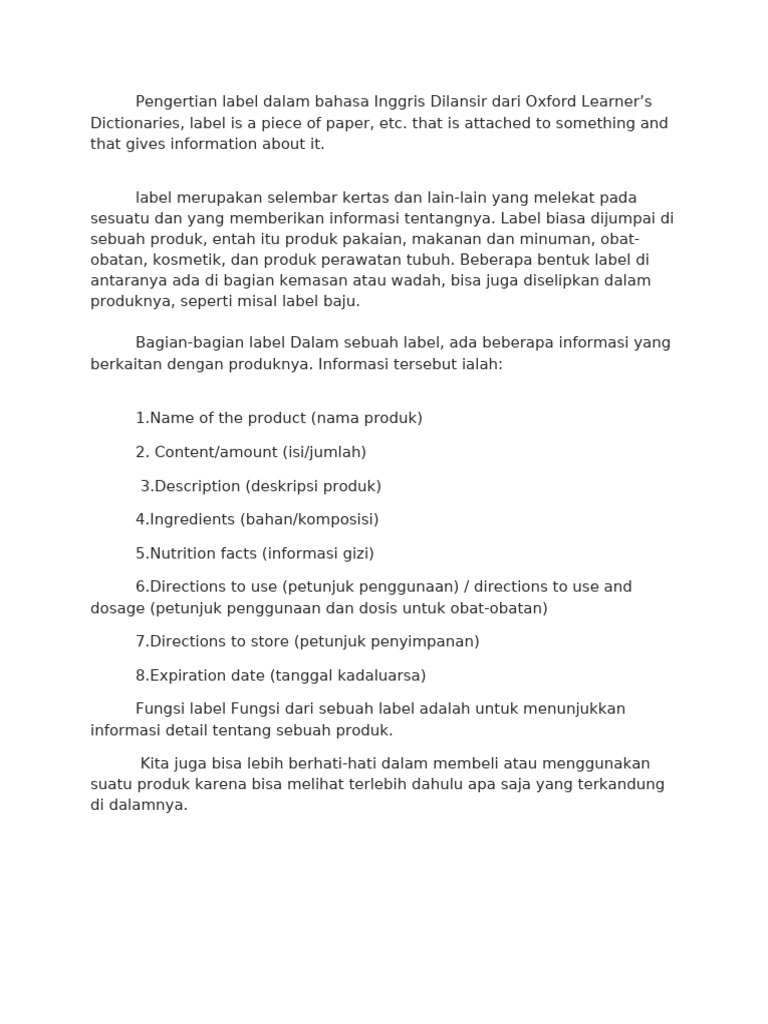 Pengertian Label Dalam Bahasa Inggris Dilansir Dari Oxford Learner | PDF
