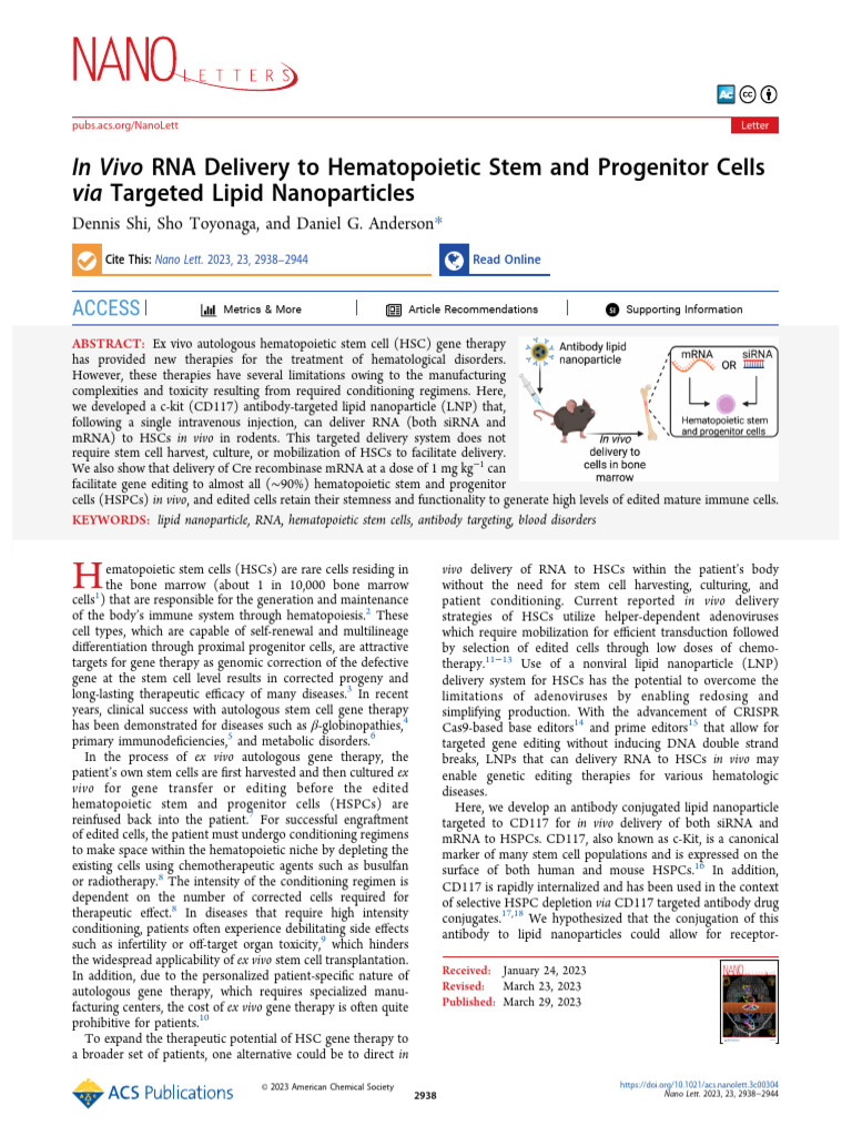 RNA Delivery To Hematopoietic Stem and Progenitor Cells Targeted Lipid ...