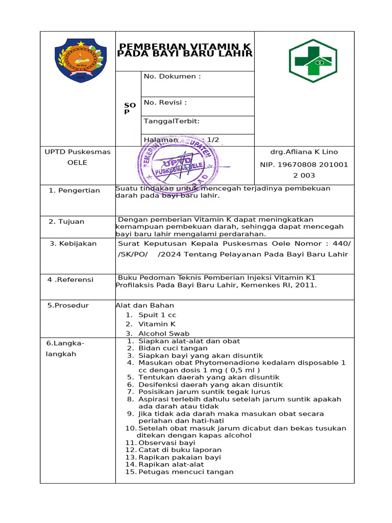 Sop Pemberian Vitamin K | PDF