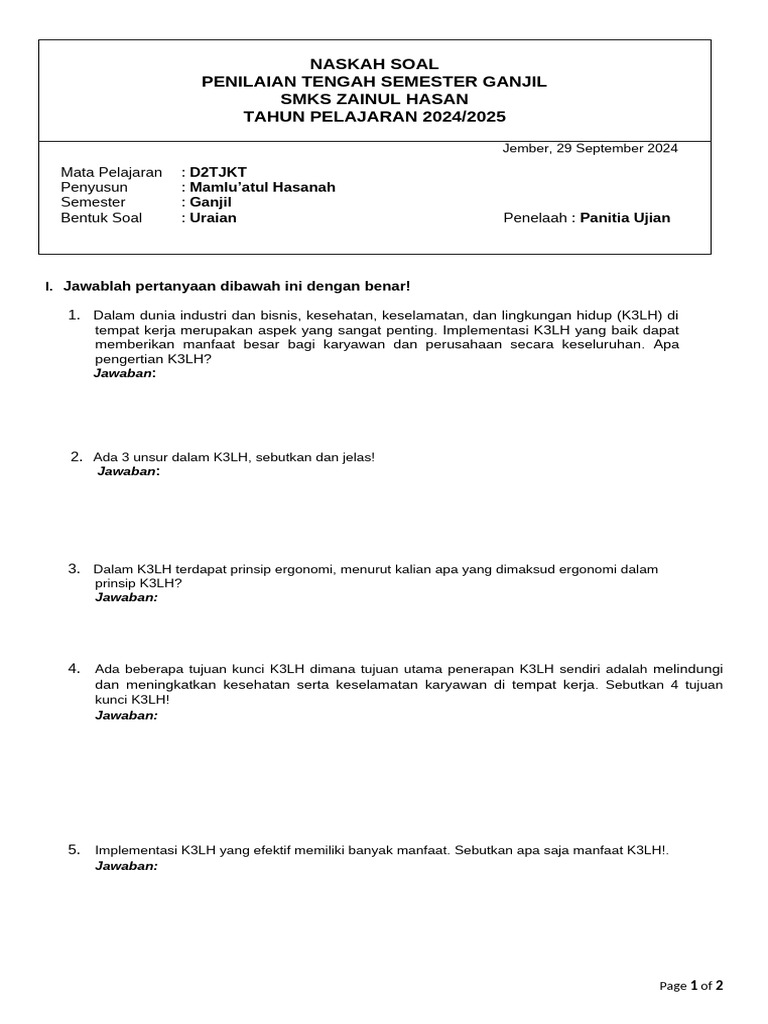 Naskah Soal PTS Ganjil D2TJKT 2024-2025 | PDF