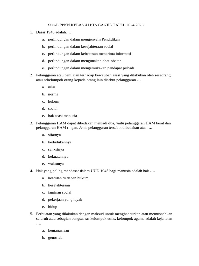 Soal PPKN Kelas Xi PTS Ganjil Tapel 2024 | PDF