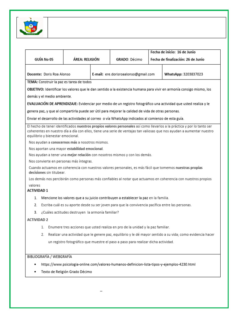 Guía 5 RELIGIÓN Grado Décimo DORIS ROA | PDF