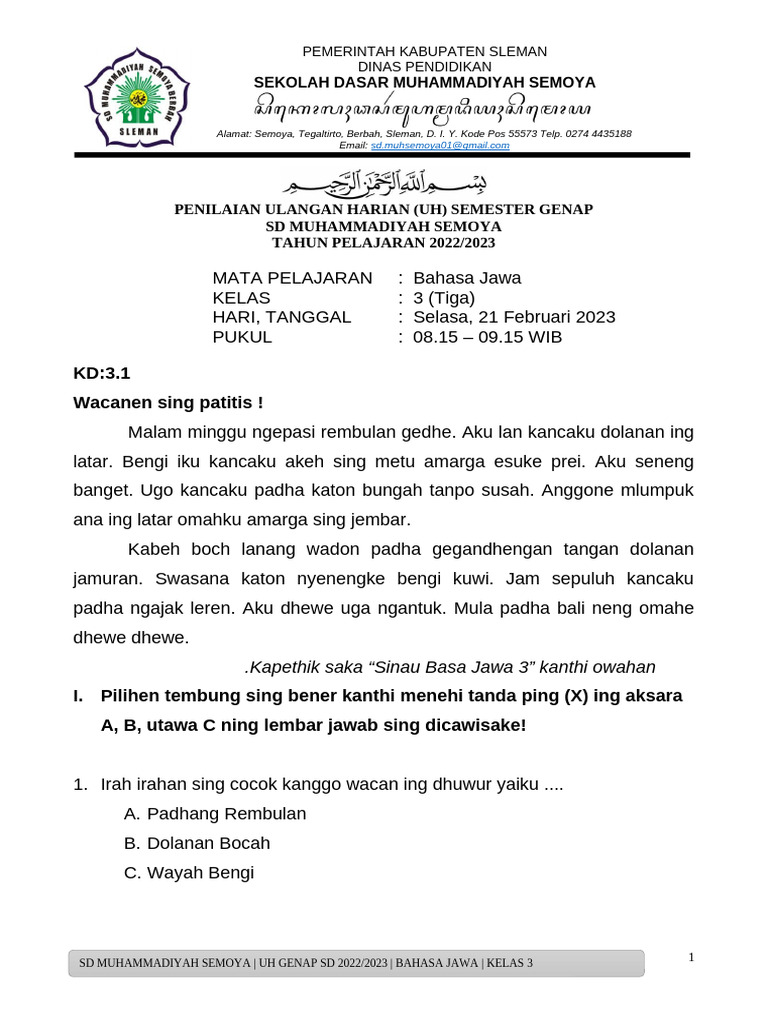 Bahasa Jawa Kelas 3 Uh Sem Genap 2022-2023 | PDF