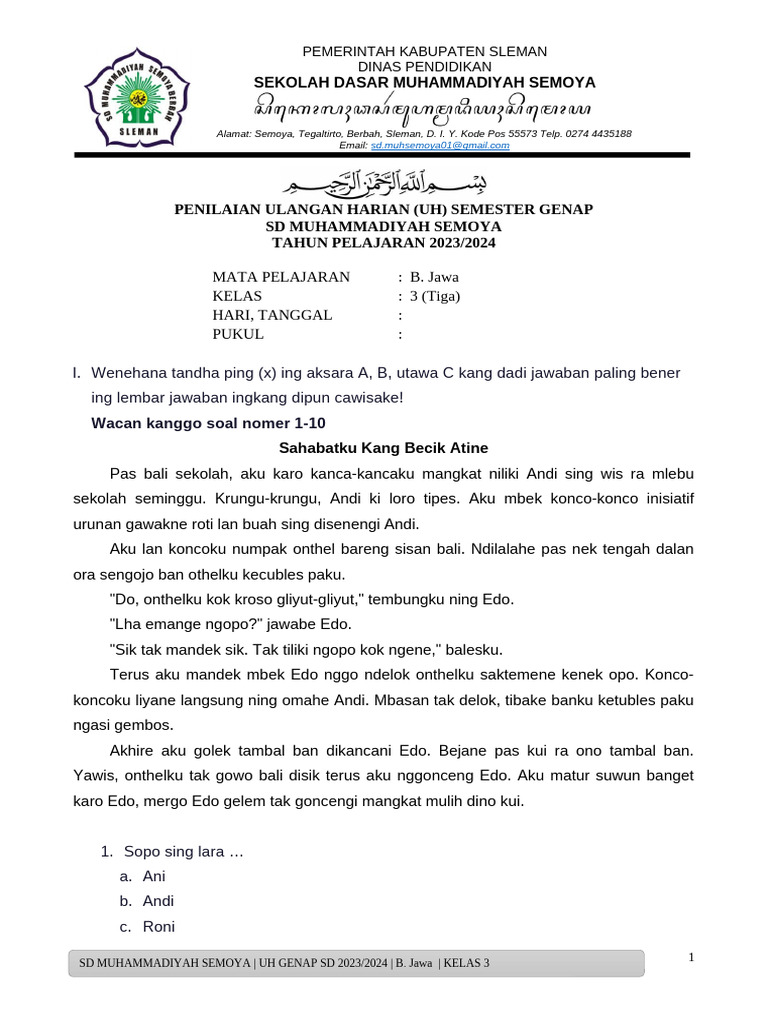 Soal Uh 2024 Kelas 3 B Jawa | PDF