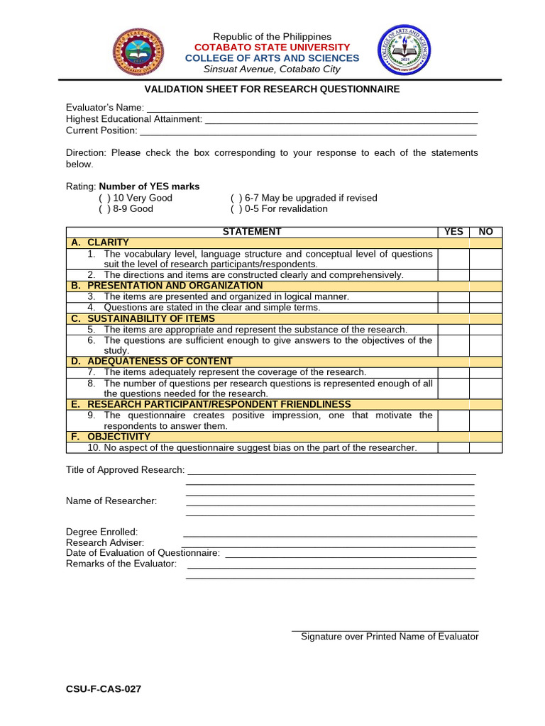 Validation Sheet For Research Questionnaire 1 | PDF