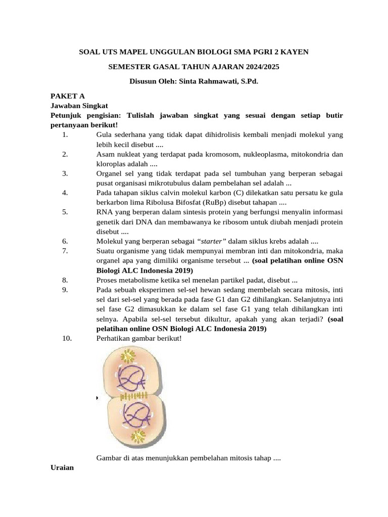 Soal Uts Mapel Unggulan Biologi Sma Pgri 2 Kayen | PDF