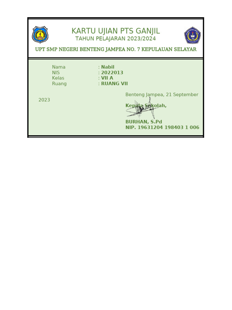 Kartu Ujian Pts Ganjil | PDF