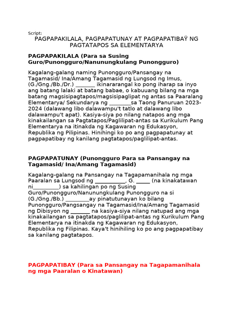 Graduation and Moving Up Ceremony Script | PDF