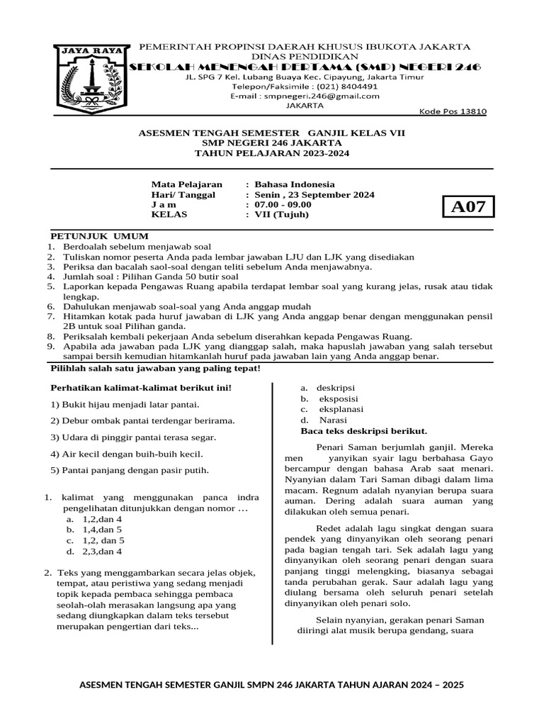 Ats Ganjil Bahasa Indonesia Kelas 7 | PDF