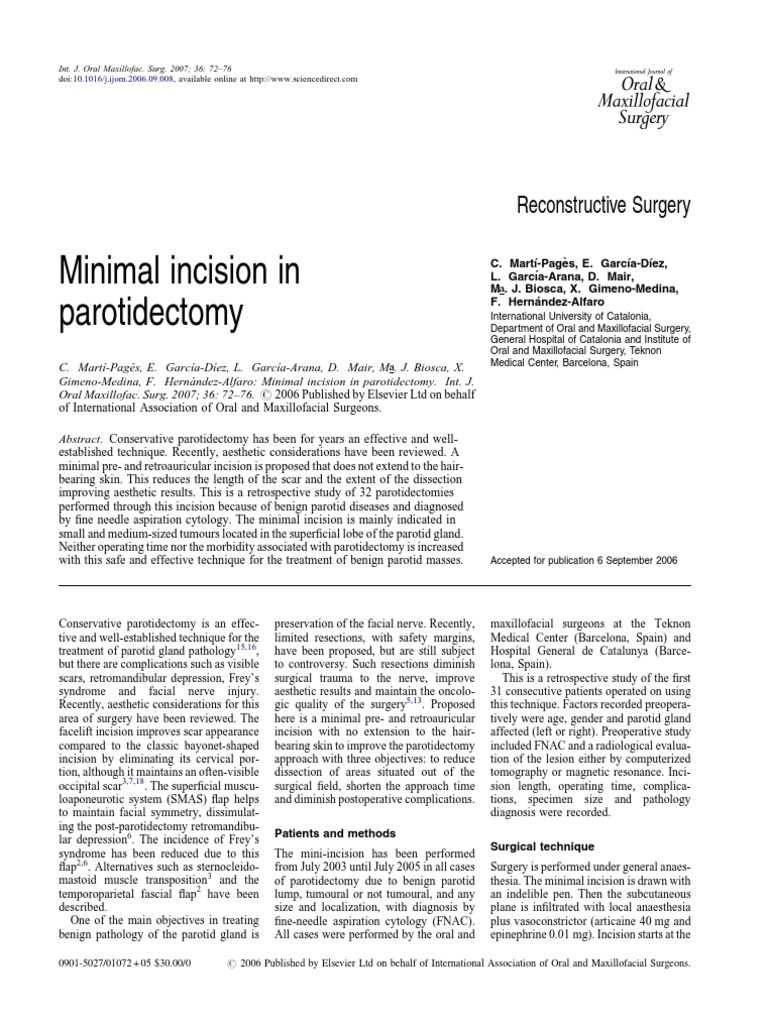 Minimal Incision in Parotidectomy: Reconstructive Surgery | PDF ...