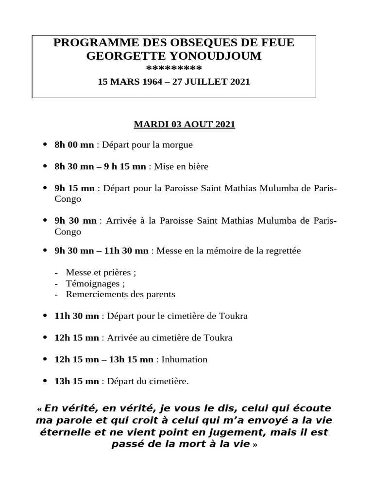 Programme - Obseques - Feue Georgette Yonoudjoum | PDF