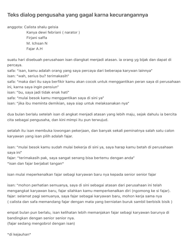 Teks Dialog Pengusaha Yang Gagal Karna Kecurangannya | PDF