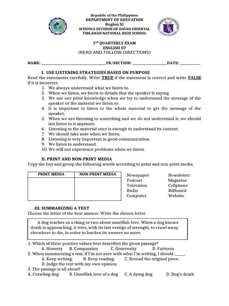 English 07 - 2Q Exam | PDF