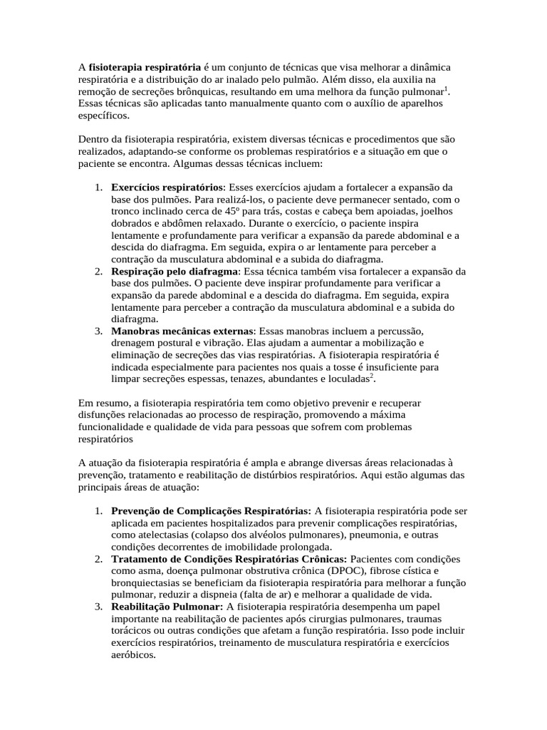 A Fisioterapia Respiratória É Um Conjunto de Técnicas Que Visa Melhorar ...