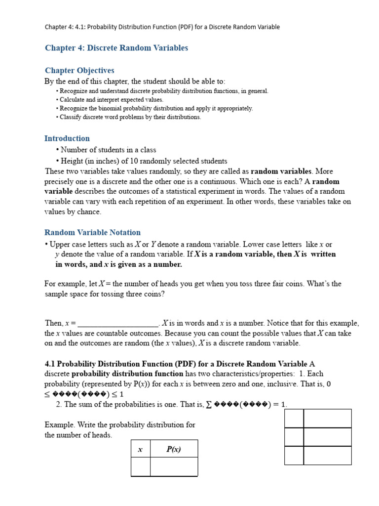 Chapter 4 - 4.1 - Probability Distribution Function (PDF) For A Discrete Random Variable | PDF