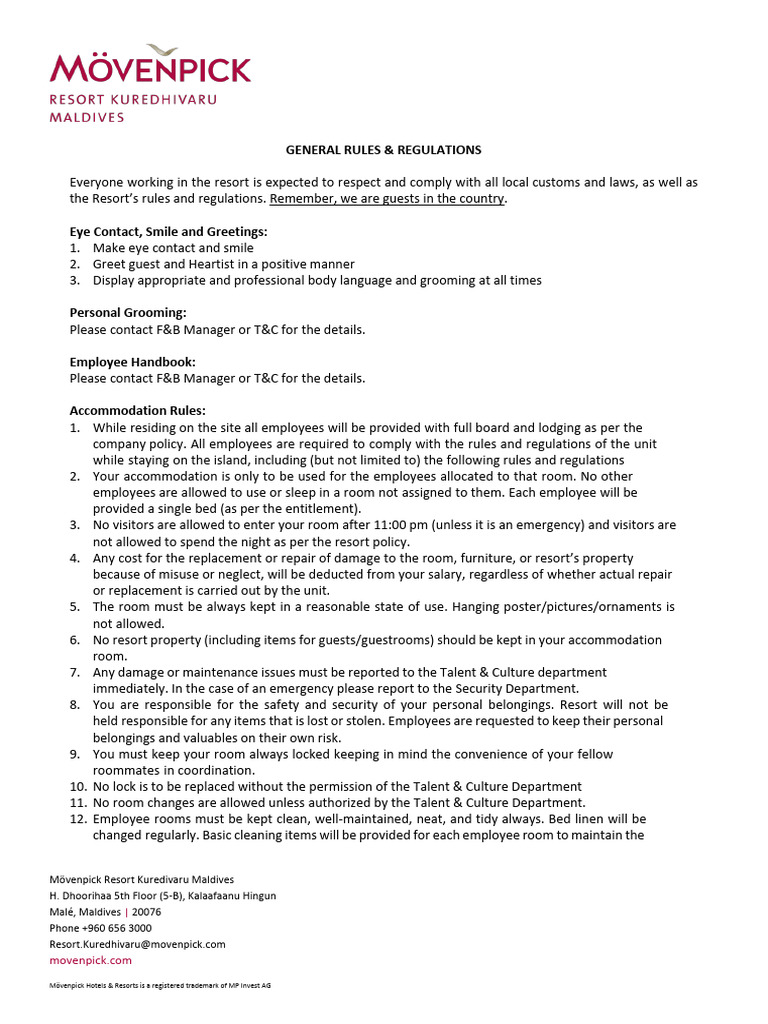 Entertainer - Resort Rules Regulations | PDF