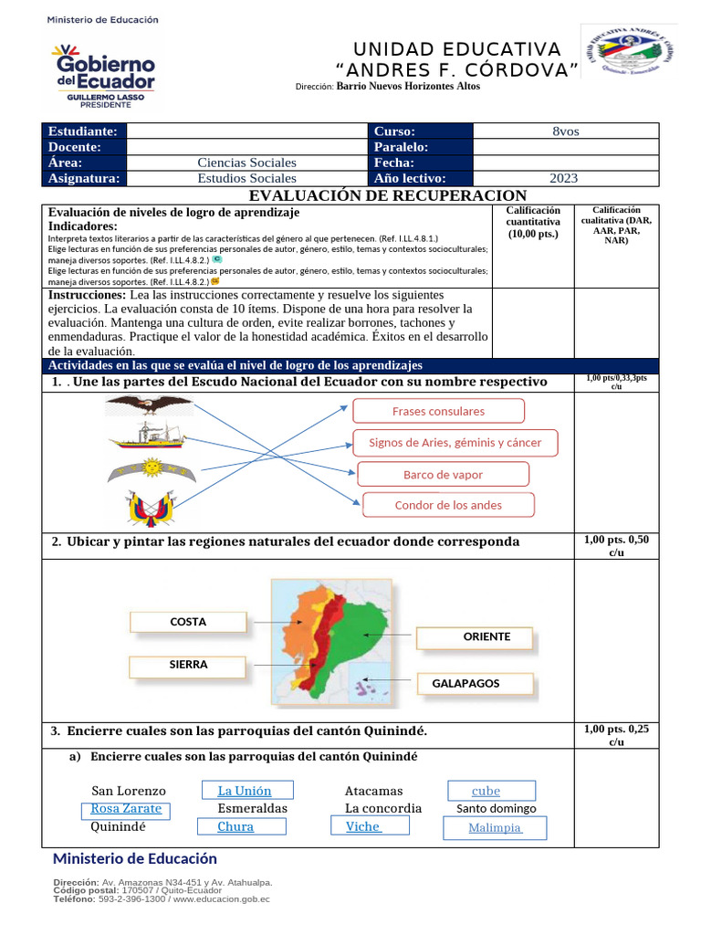 EVALUACIÓN DIAGNÓSTICA EESS 8vo, 9no y 10mo | PDF