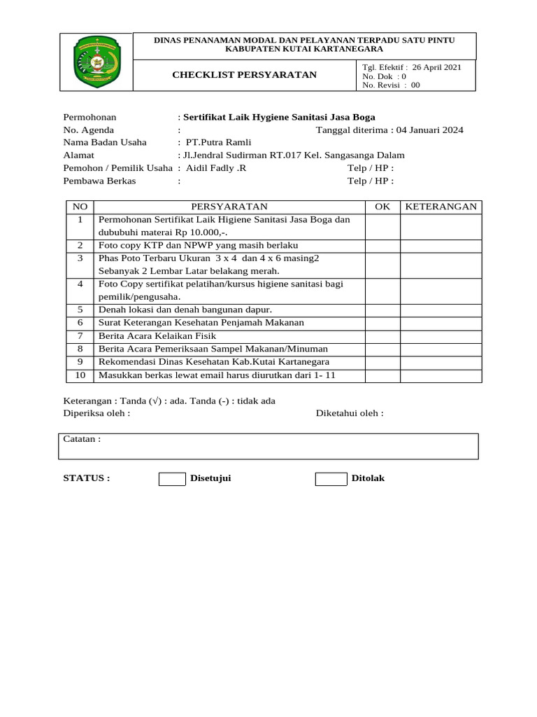 19.checklist Laik Hygiene Sanitasi Jasa Boga (Non OSS) | PDF