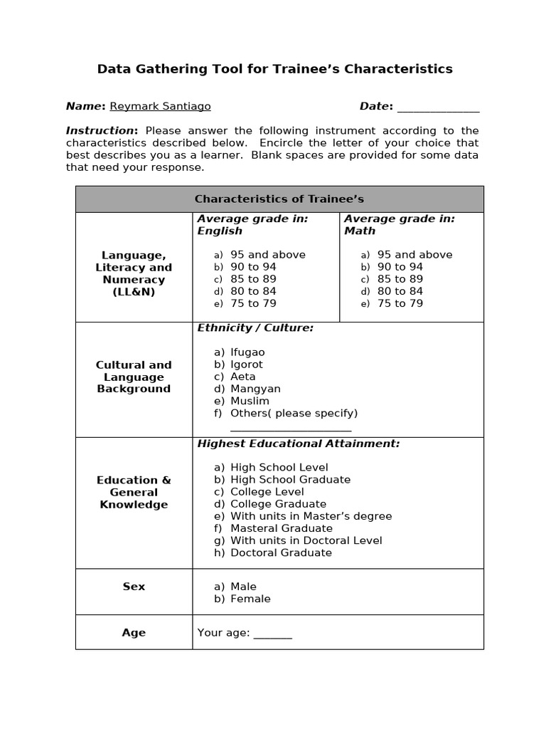 Data Gathering Tool For Trainee's Characteristics | PDF | Learning ...