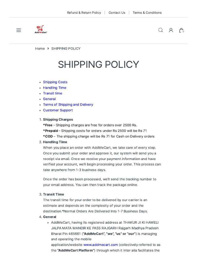 SHIPPING POLICY - AddMeCart | PDF | Business | Law
