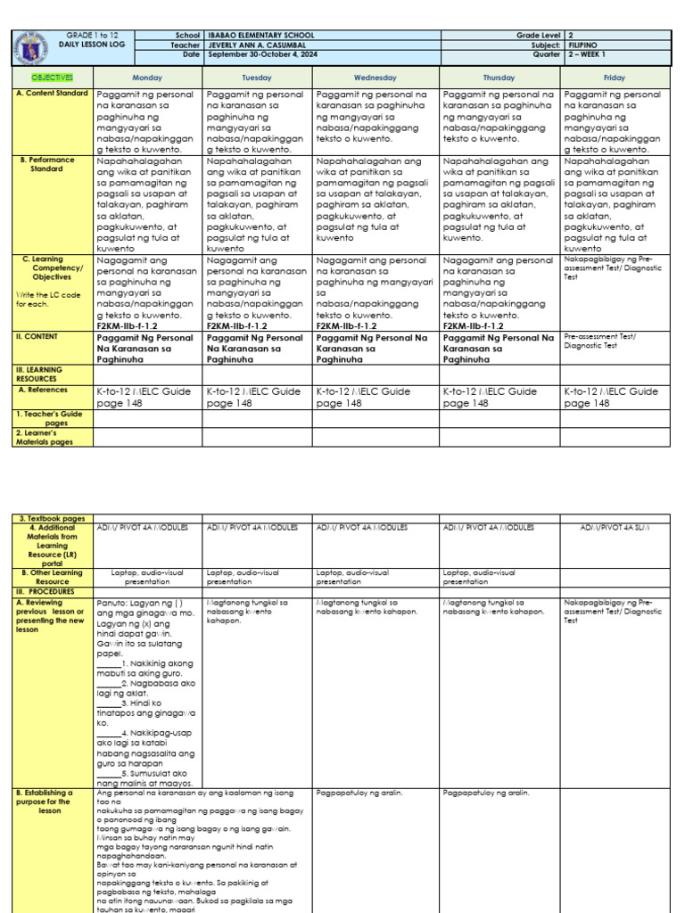 Q2 WEEK1 DLL FILIPINO 2023 2024 | PDF