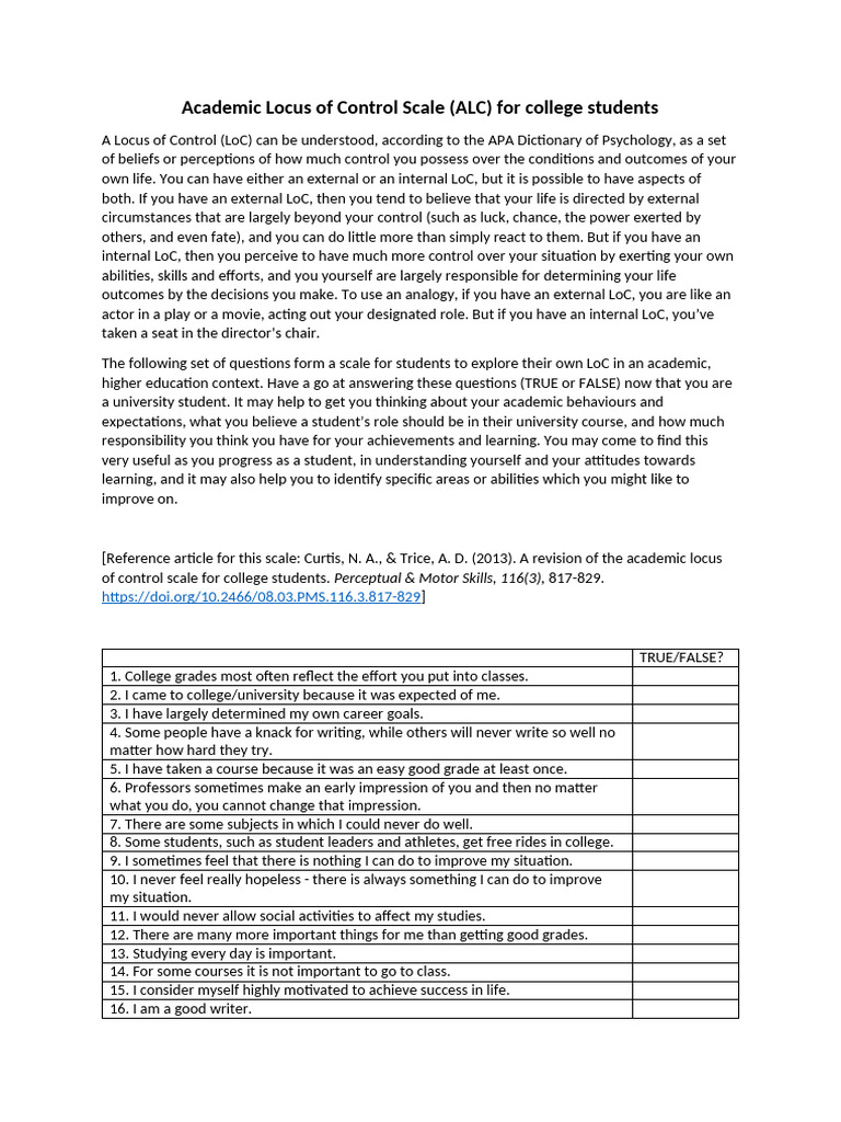 Academic Locus of Control Scale | PDF