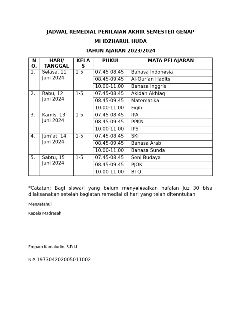 Jadwal Remedial Penilaian Akhir Semester Genap | PDF