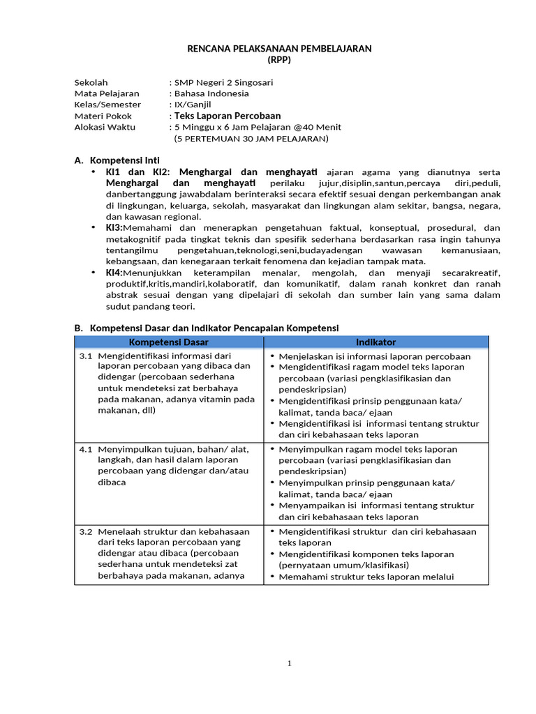 RPP Bab 1 Teks Laporan Percobaan | PDF
