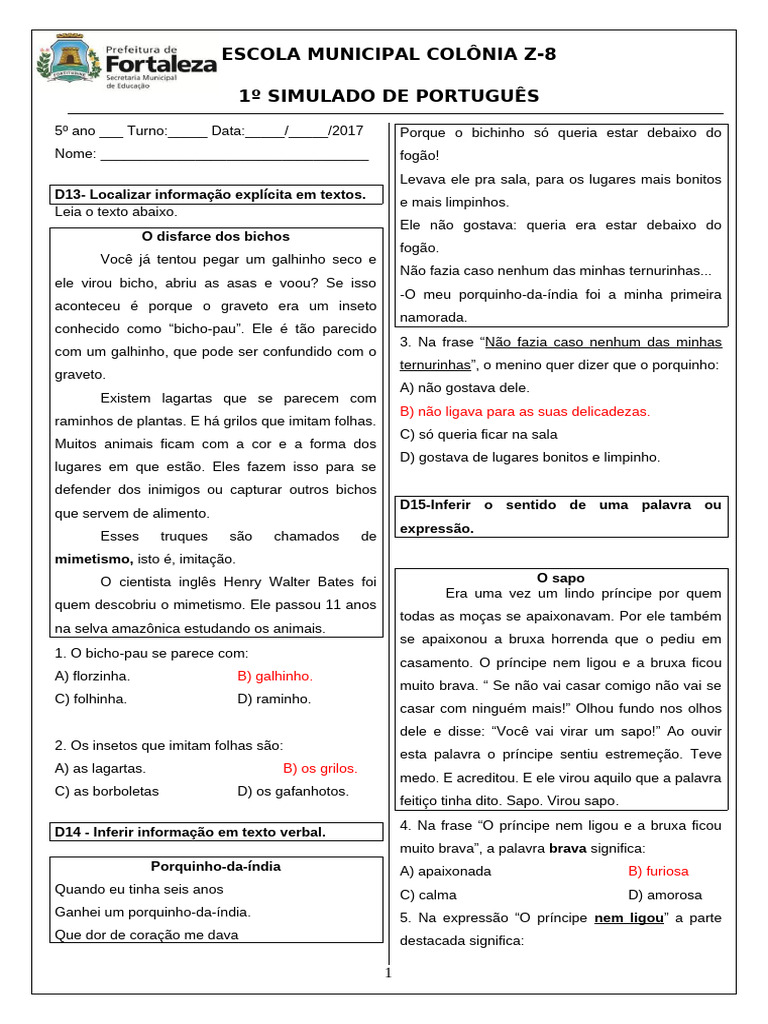 1º Simulado de LP Com Descritores 5 Ano Gabarito | PDF